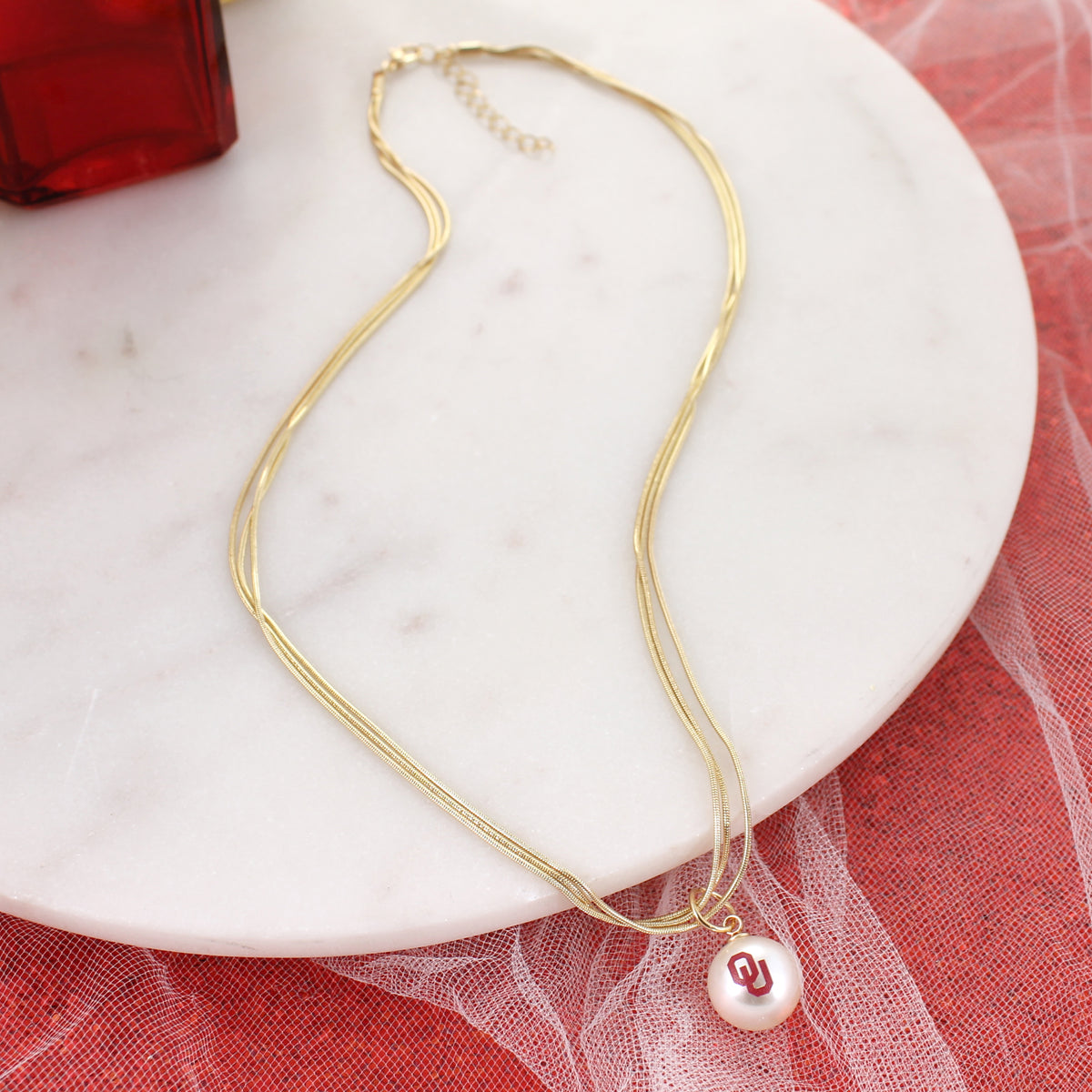 18" Oklahoma Gold & Pearl Logo 3-Strand Necklace – Seasons Jewelry - Retail